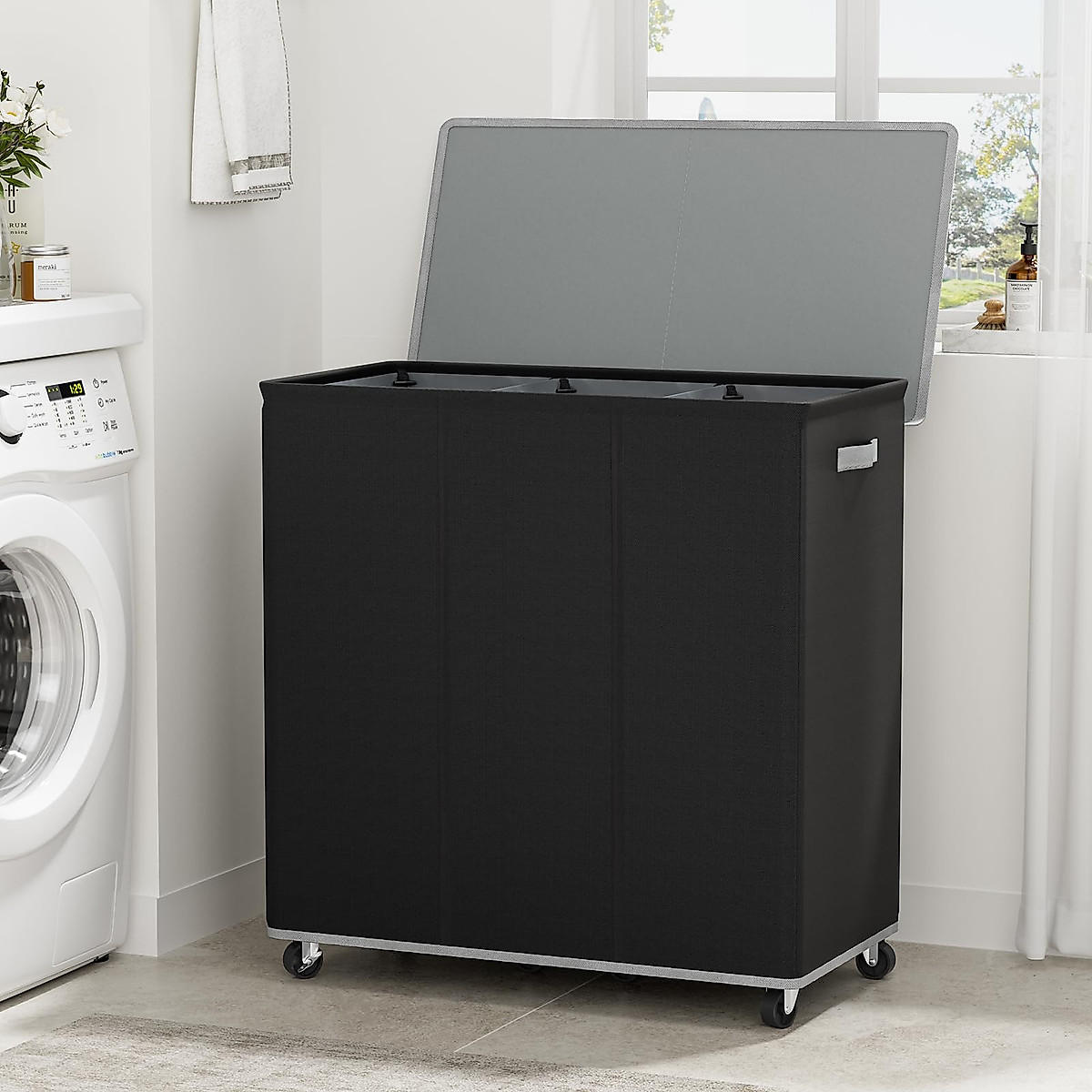 Chrislley 180L Laundry Hamper 3 Section,Rolling Large Laundry Basket with Wheels,Dirty Clothes Hamper with Lid and Removable Liner Bags,Collapsible Laundry Organizer for Bedroom, Dorm,Black