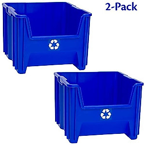 READYSPACE Commercial Industrial Heavy Duty Stackable Open-Front Recycling Bin Box Containers, 12 Gallon, 2 Pack, Blue