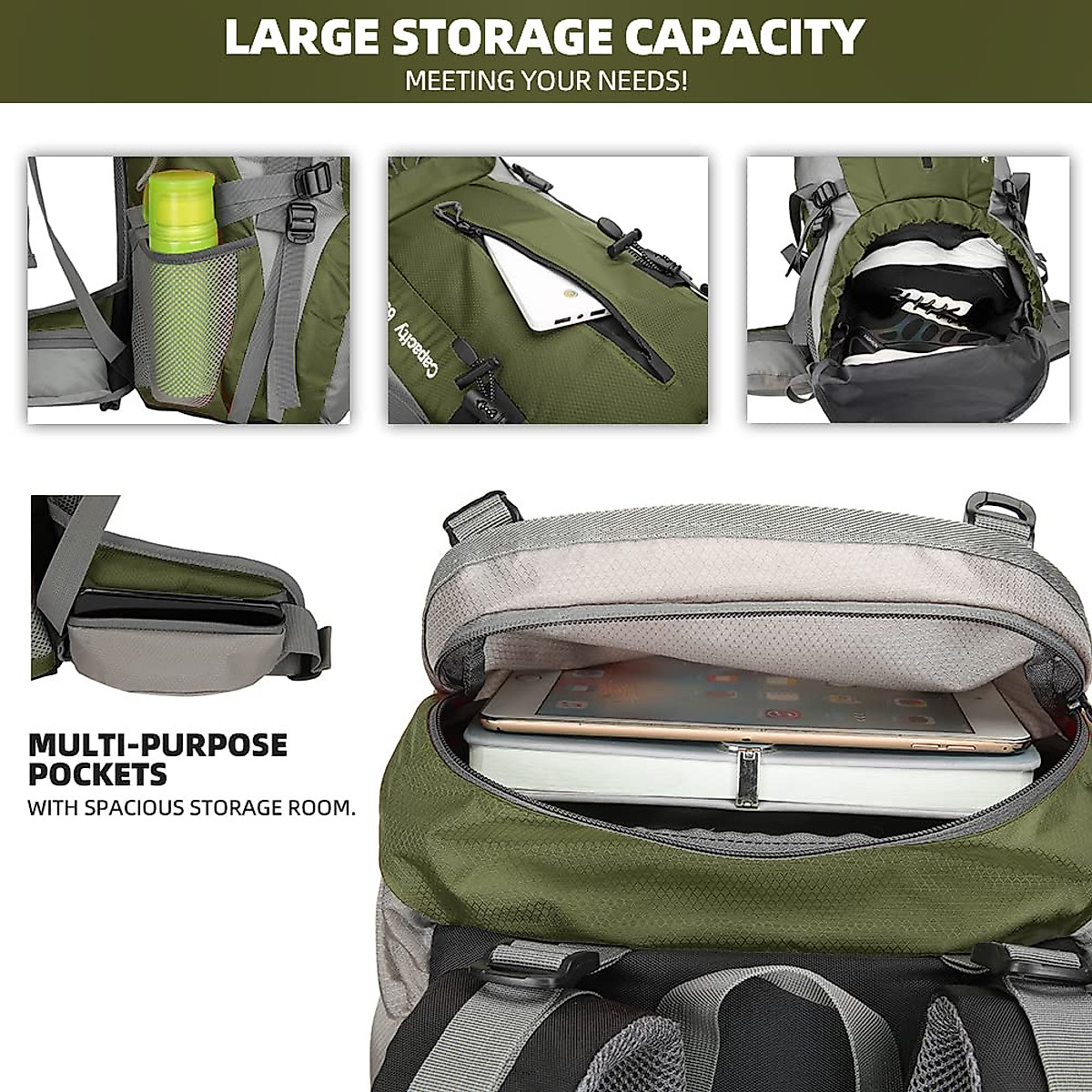 HongXingHai 70L Camping Hiking Backpack with Rain Cover Waterproof Backpacking Backpack for Hiking Treeking Climbing Outdoor (ArmyGreen)