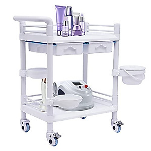 Rolling Utility Cart, 3-Tier Heavy Duty Cosmetology Cart with 360° Swivel Wheels, Dirt Bucket and Drawer for Beauty Salon SPA, Commercial Hospital Office Lab Cart (White)