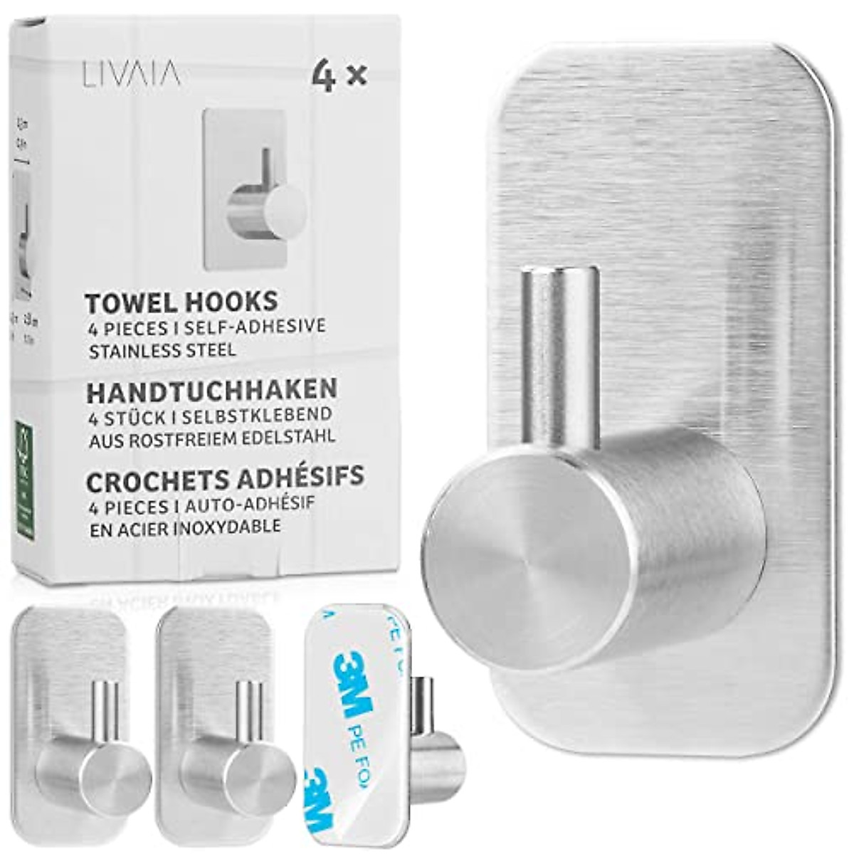 LIVAIA Self Adhesive Hooks for Hanging Towels: Set of 4 Stainless Steel Towel Holders – Kitchen Towel and Bathroom Hooks – Hooks for Hanging Clothes