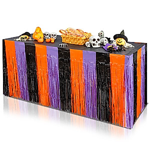 Jexine 6 Pack 9.84 ft Halloween Day Table Skirts Happy Halloween Table Foil Fringe Orange Purple Black Tinsel Table Skirt Metallic Fringe Table Decorations for Tables Supplies(Purple, Orange, Black)