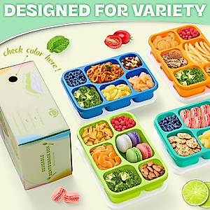 Bento Lunch Box Snack Containers, Reusable Meal Prep Lunchable Containers for Adults Kids, Stackable Bento Snack Box 4 Pack, 6 Compartment Divided Food Containers, Sauce Container, Bright Colors