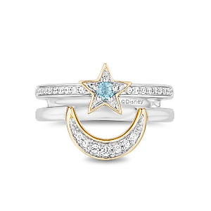 Jewelili Enchanted Disney Fine Jewelry Sterling Silver and 10K Yellow Gold 1/6 CTTW Diamond, Swiss Blue Topaz Aladdin 30th Anniversary Jasmine Star & Moon Ring Size 8