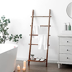 FUIN 5ft Wood Blanket Ladder with Bottom Shelf Decorative Wall Leaning Towel Rack Bathroom Storage Quilt Display Holder Rustic Farmhouse, Light Brown