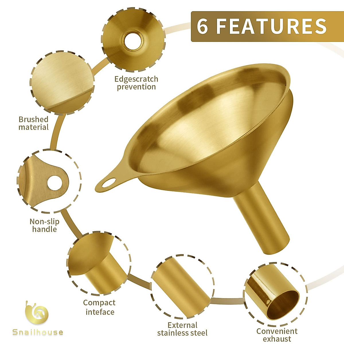 Snailhouse Small Funnels, 3 Pack Stainless Steel Mini Metal Food Funnel with Cleaning Brush Set for Filling Bottles Kitchen Use, Gold (1.78/2.16/2.95 in)