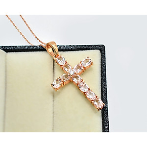 Natural Pink Morganite 5X4 MM Gemstone Holy Cross Pendant Necklace 925 Sterling Silver October Birthstone Morganite Jewelry Proposal Gift For Girlfriend(PD-8323) (16 Inches, Rose Gold Plated Silver)