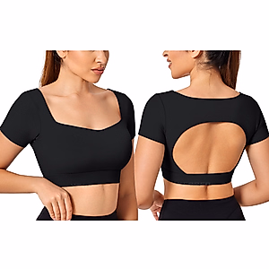 YEOREO Women Open Back Tee Crop Tops with Removable Pad Workout Backless Gym Shirt Bra Going Out T Shirt Top