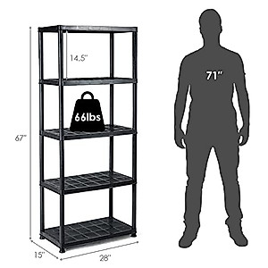 LDAILY 5 Tier Plastic Storage Shelves, Multi-Use Free Standing Shelf Unit, Easy to Assemble, Heavy Duty Rack for Home Office Garage, Black (1, 28“L X 15”W X 67“H)