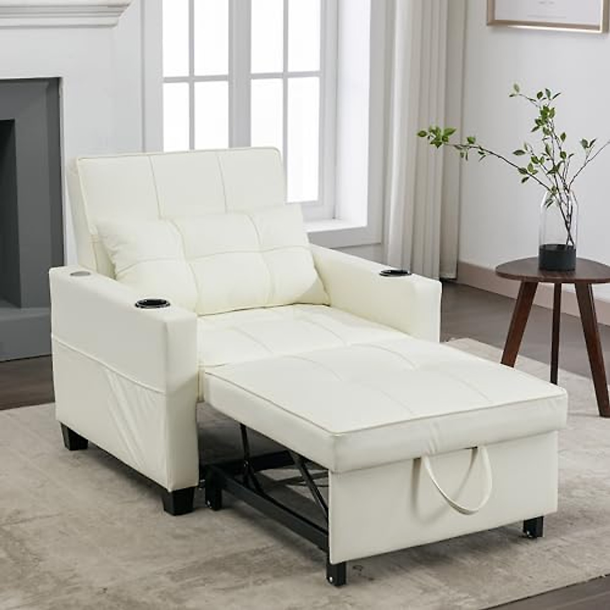 Futon Chair Bed, Modern Convertible Chair 3-in-1 Pull Out Sleeper Chair Beds with USB Ports, Single Sofa Recliner Couch Armchair Bed Sleeper for Living Room Apartment (White PU Leather)