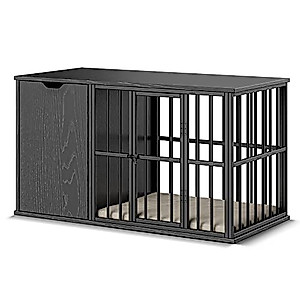 Dog Crate Furniture End Table, Wooden Dog Kennel with Cushion, Decorative Pet Crate House Cage Indoor for Small Medium Dogs, Black