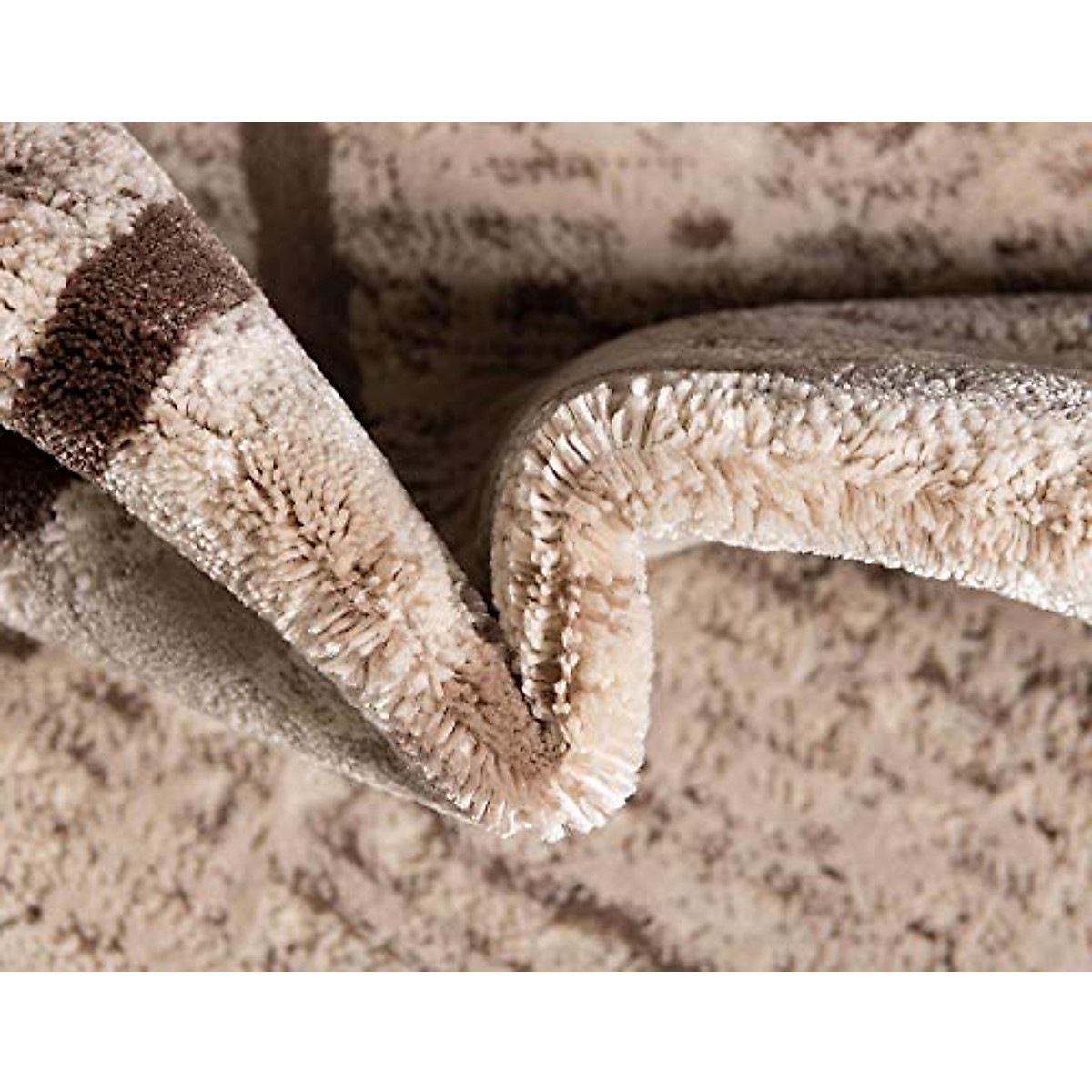 Unique Loom Oasis Collection Modern, High-Low Pile, Border, Stripes, Abstract Area Rug (7' 0 x 7' 0 Round, Brown/Beige)