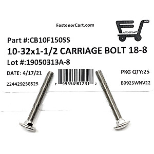 10-32 x 1-1/2 Carriage Bolts Stainless Steel 18-8 Fine Thread UNF (25 Pieces)