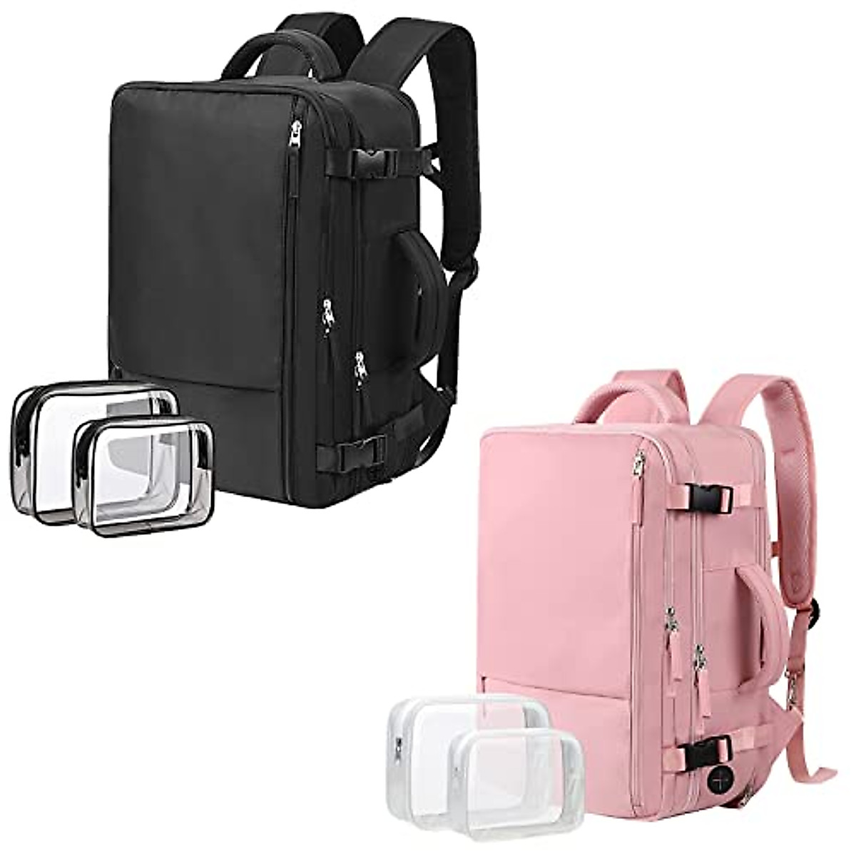 Extra Large Travel Backpack (2 Pieces Black & Pink) as Person Item Flight Approved, 40L Carry On Backpack, 17 Inch Laptop Backpack, Waterproof Backpack, Durable College School Bookbag, Hiking Backpack