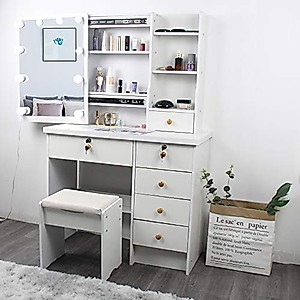 Saicheng White Makeup Vanity Set with Sliding Lighted Mirror ,Dressing Table with 5 Storage Drawers Shelves , Dresser Desk & Cushioned Stool Set for Bedroom