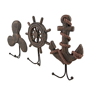 Things2Die4 Set of 3 Weathered Finish Anchor Prop and Wheel Nautical Wall Hooks