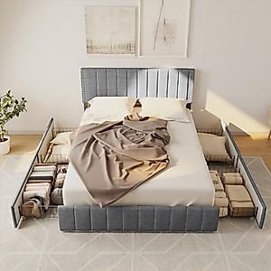 Gizoon Queen Bed Frames with 4 Storage Drawers on Wheels and Headboard Adjustable, Fits 6" to 12" Mattress, No Box Spring Needed (Light Grey)