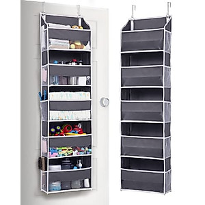 ULG 1-Pack Over Door Organizer with 5 Large Pockets 10 Mesh Side Pockets, 44 lbs Weight Capacity Hanging Storage Organizer with Clear Window for Bedroom Nursery, Kids Toys, Shoes, Diapers, Dark Grey