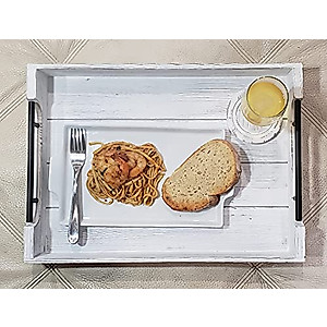 JB Joy and Bright Wooden Serving Ottoman Tray with 4 Coasters | 18x13 inch Rusted, Decorative Wood Trays for Coffee Table, Couch, Bed Ideal Appetizer, Food, Breakfast, Dessert, Tea, White (TW-1813)