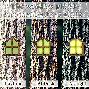 Juegoal Fairy Gnome Home Miniature Window and Door with Litter lamp for Trees Decoration, Glow in Dark Fairies Sleeping Door and Windows, Yard Art Garden Sculpture, Lawn Ornament Décor