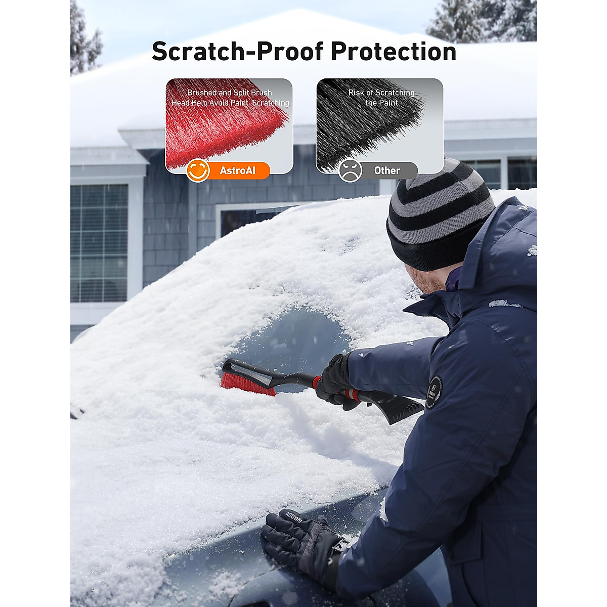 AstroAI 2 Pack 27" Snow Brush and Ice Scrapers for Car Windshield, Detachable Snow Scrapers with Ergonomic Foam Grip for Cars, Trucks, SUVs (Heavy Duty ABS, PVC Brush, Red)