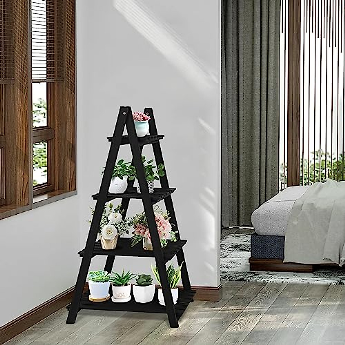 Babion 4-Tier Ladder Shelf, Bookshelf for Small Spaces, Wooden Ladder Bookcase, Storage Rack, Plant Stand Floor Freestanding, Flowerpot Storage Shelf (Black)