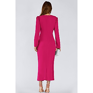 PRETTYGARDEN Women's Spring Fall Fashion Long Puff Sleeve Maxi Dresses V Neck Twist Front Formal Dress with Slit (Rose Red,Large)