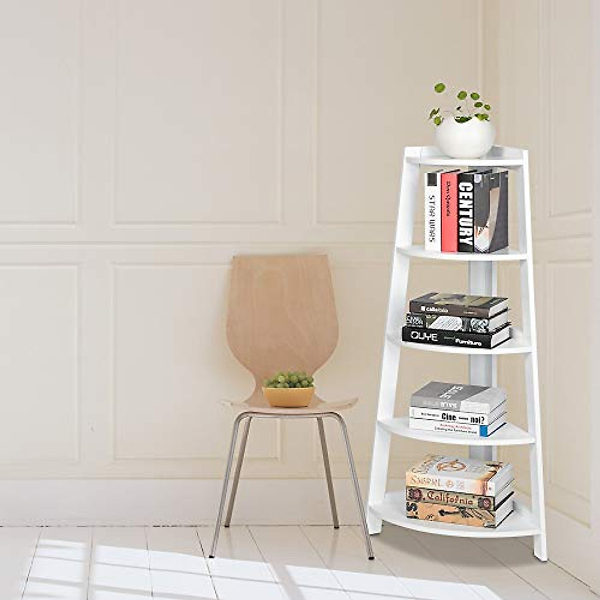 5 Tier Rustic Corner Shelf Stand, Industrial Small Bookcase Corner Ladder Shelf Plant Stand for Living Room, Kitchen, Home Office (White)