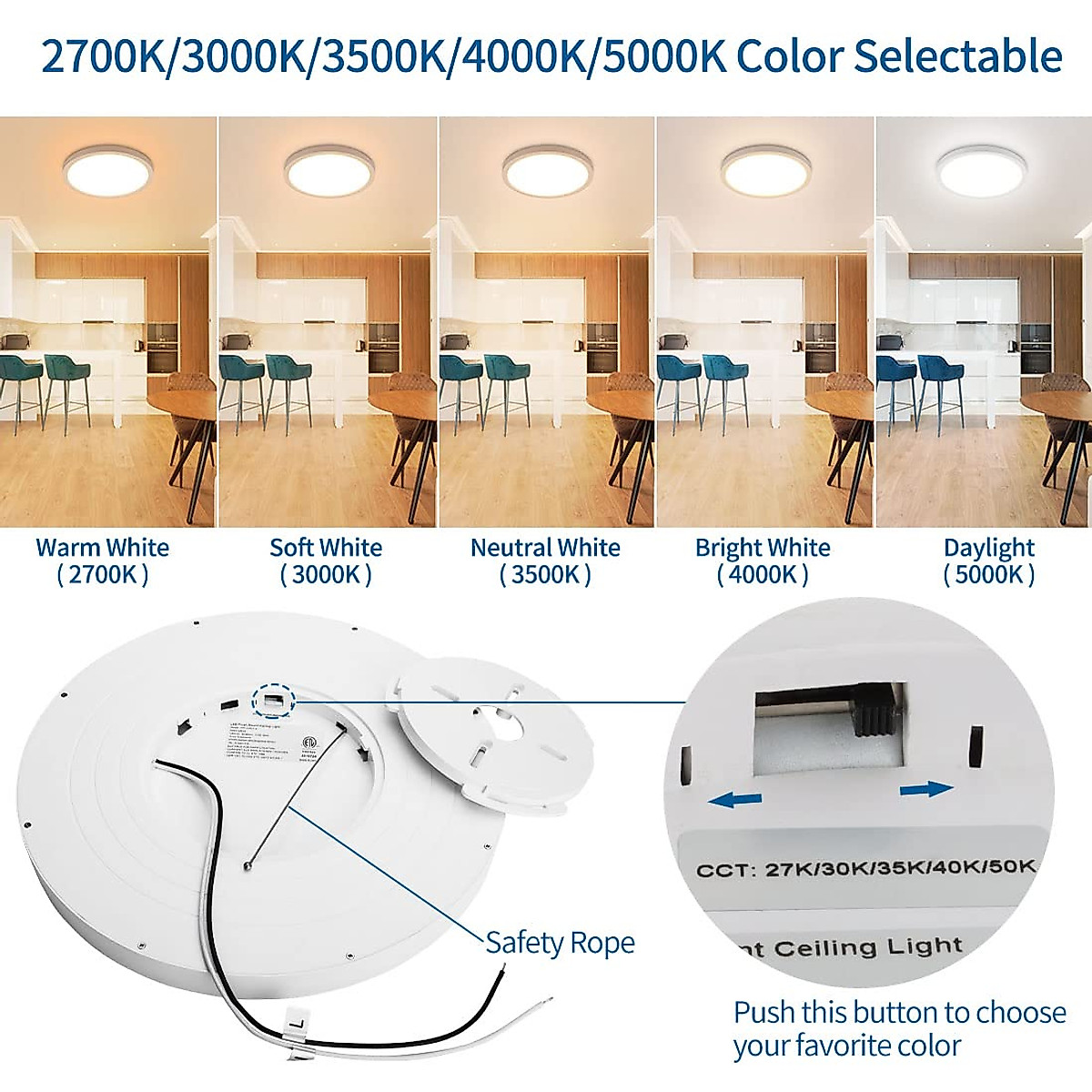 DAKASON LED Flush Mount Ceiling Light 12 Inch, 24W Dimmable Round Ceiling Lamp 2700-5000K 5 Color Tem. Selectable, Overhead Ceiling Light for Bedroom, Living Room, Kitchen, Hallway