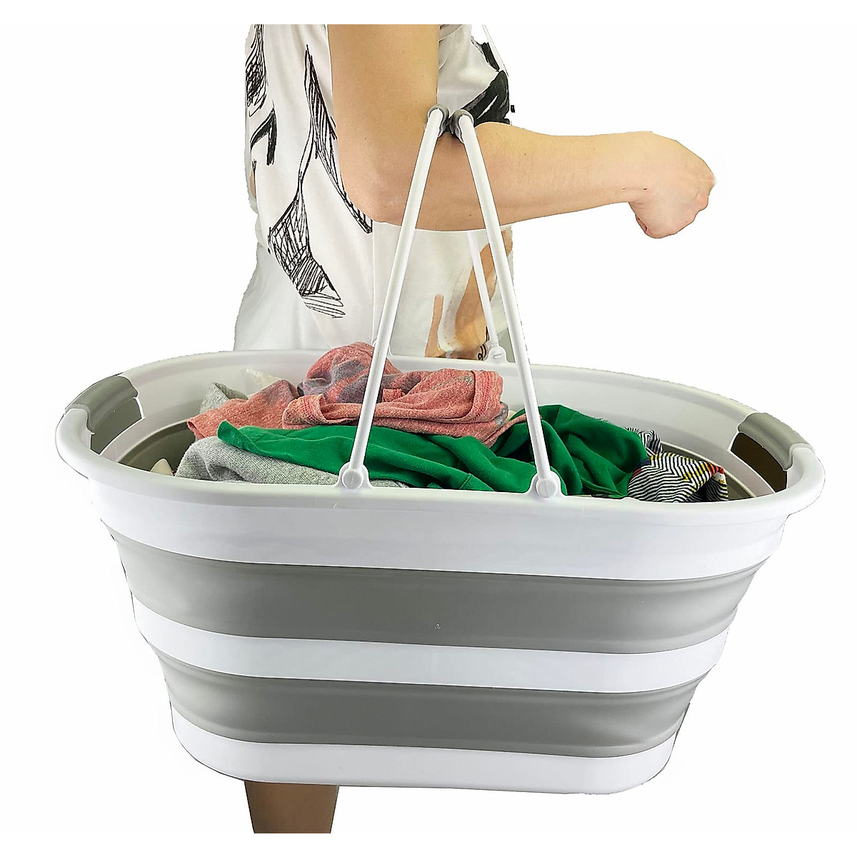 SAMMART 38L (10 Gallons) Collapsible Plastic Laundry Basket - Foldable Storage Container/Organizer - Portable Washing Tub - Space Saving Laundry Hamper (White/Grey)