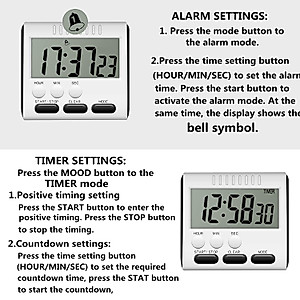 Hour Minute Second Count Up Countdown Digital Kitchen Timer, Big Digits, Loud Alarm, Magnetic Backing, Retractable Stand, 3 Pack Black