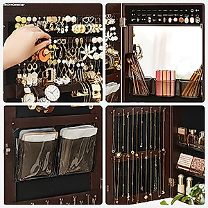 SONGMICS Jewelry Cabinet Armoire with Mirror, Wall or Door Mount Storage Organizer with Full-Length Frameless Mirror, Lockable Cabinet with Built-in Small Mirror, Shelves, Gift Idea, Brown UJJC003K01