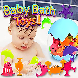 Suction Bath Toys for Kids, 18 Pcs Silicone Ocean Animal Suction Cup Toys with Eggshell & Bag, No Hole Mold Free Bath Toy, Sensory Window Building Toys for Toddlers Boys Girls 3 4 5 6 Year Old