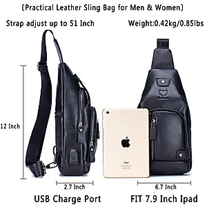BULLCAPTAIN Leather Sling Bag Mens Chest Bag Casual Shoulder Crossbody Bags Travel Hiking Backpacks Daypack with USB Charging Port (Black)