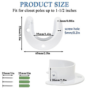 LDXDRU 10Pcs Closet Rod Bracket, 1-1/2" Diameter Closet Rod Holders, Stainless Steel Closet Rod End Supports, U Shaped Closet Pole Sockets Opening Flange Rod Bracket with Screws, Curtain Rod Holder