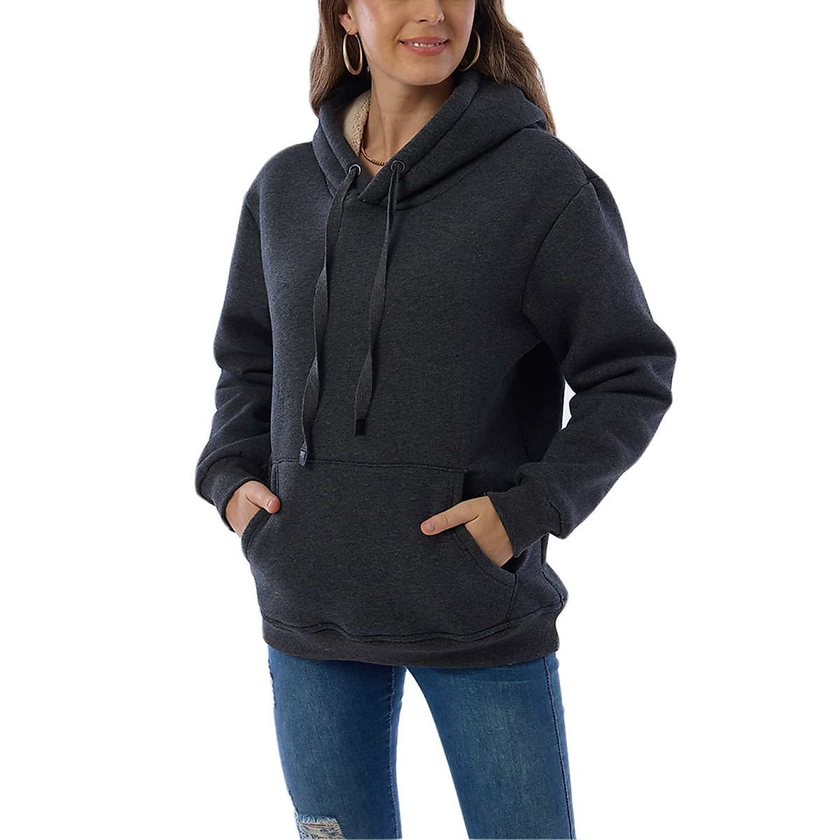 Haellun Womens Casual Winter Warm Fleece Sherpa Lined Pullover Hooded Sweatshirt (Dark grey, Large)