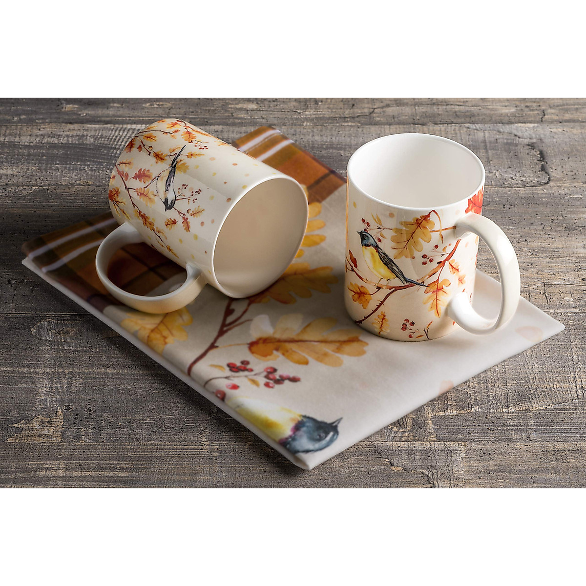 Maison d' Hermine Coffee Mug Set with Handles Fine Bone China Mug Pack of Two for Restaurant Microwave & Dishwasher Safe Perfect Gifts for Mothers Day Teacher Men & Women (Oak Leaves, 12 Ounce)