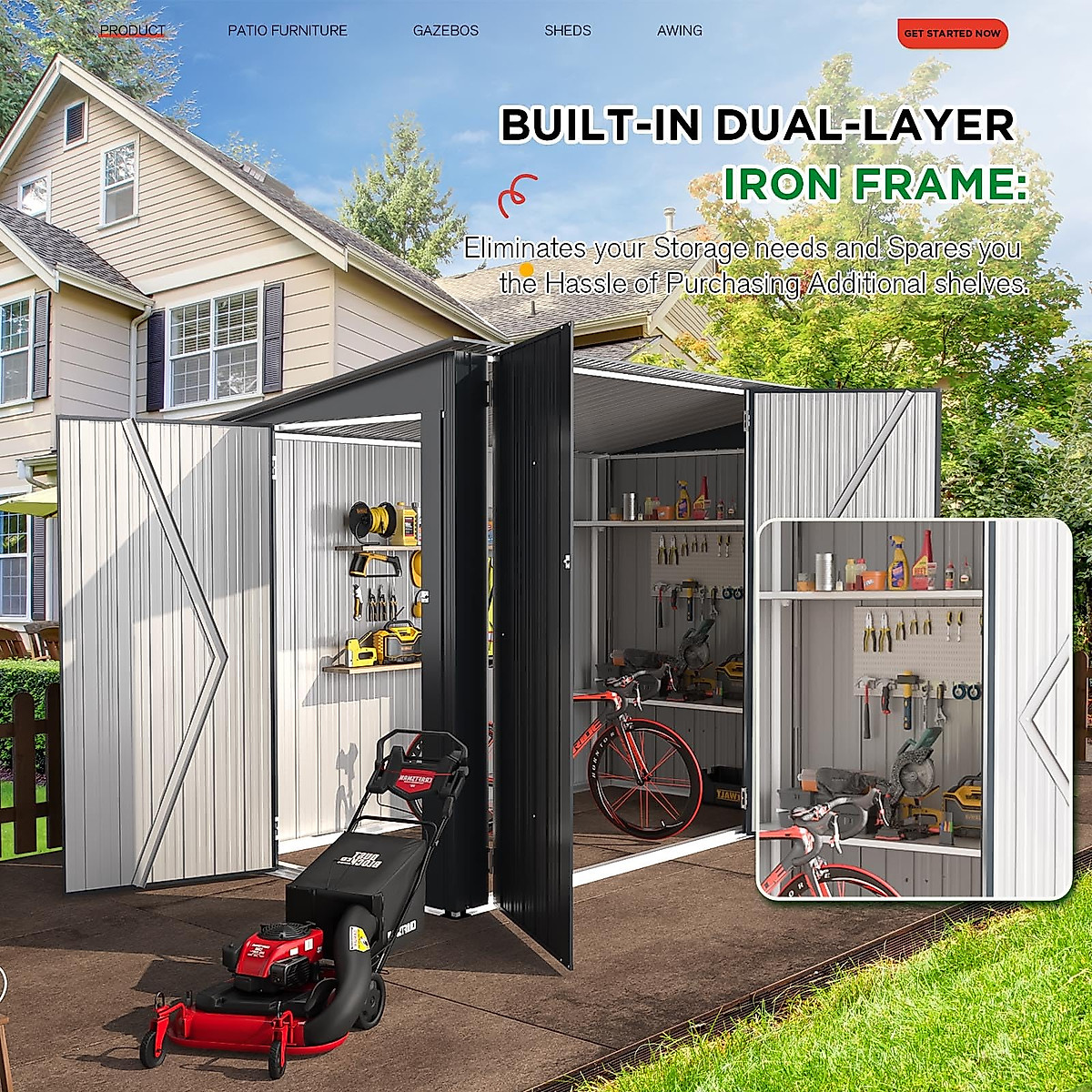 AECOJOY Storage Shed, 4' x 7.5' Bike Sheds & Outdoor Storage with Racks, Metal Double-Sided Door Storage Cabinet Sheds for Garden