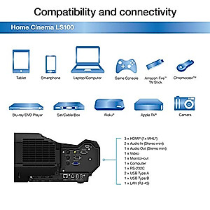 Epson Home Cinema LS100 3LCD Ultra Short-Throw Projector, Digital Laser Display with Full HD and 100% Color Brightness (Renewed) (V11H879520-N)