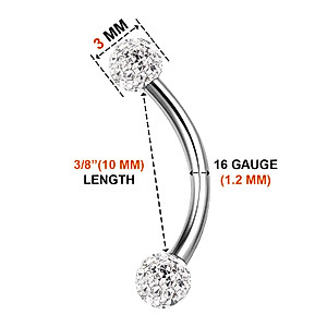 2PCS Surgical Steel Curved Barbell Ring 16g 3/8"(10mm) 3mm Clear Crystal Ball Tragus Earrings Eyebrow Piercing Jewelry 7982