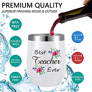 Patelai 2 Pcs Teacher Appreciation Gifts Best Teacher Ever Wine Tumbler Appreciation Gift for Women Thank You Gift Graduation Birthday Present 12 oz Stainless Steel Tumbler with Lid and Straw (White)