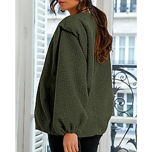 KIRUNDO Women's 2024 Fall Winter Sherpa Fleece Jacket Faux Wool Embedded Lantern Sleeve Casual Loose Outwear With Pockets(Army Green, Medium)