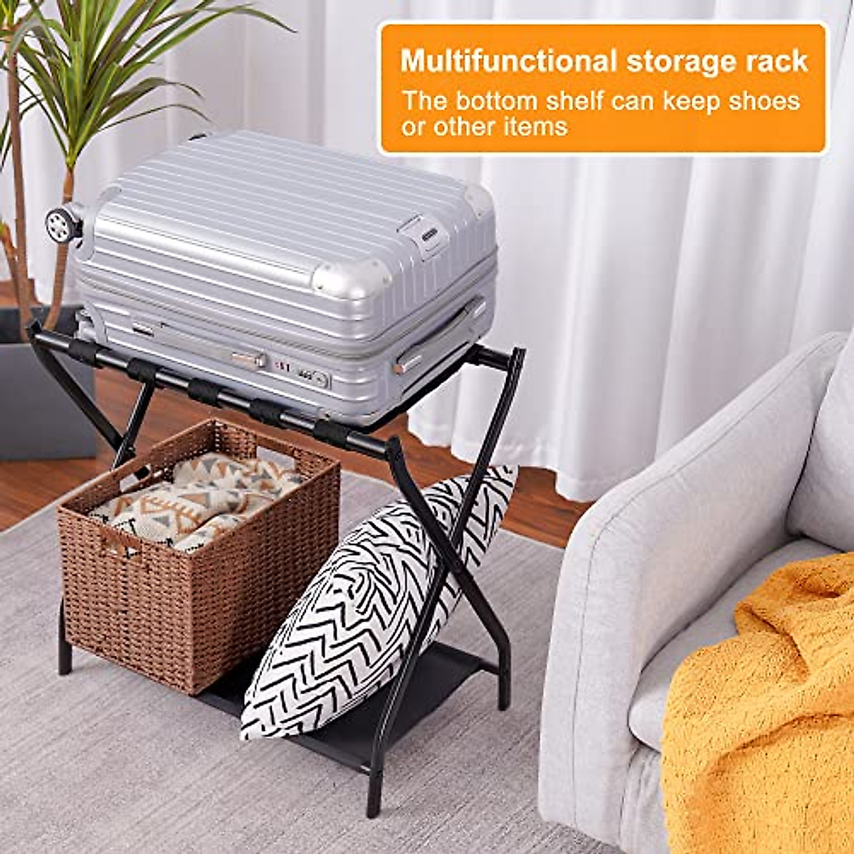 Heybly Luggage Rack,Pack of 2,Steel Folding Suitcase Stand with Storage Shelf for Guest Room Bedroom Hotel,Black,HLR003B2