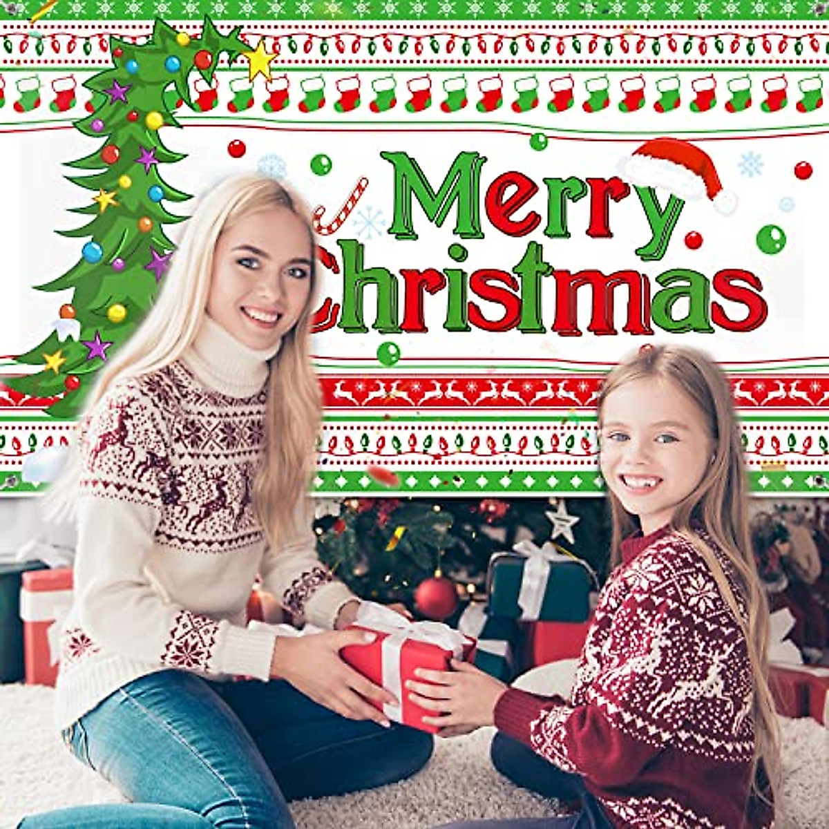 Christmas Backdrop Merry Christmas Photography Background 72.8 x 43.3 Inch Christmas Party Decorations Large Fabric Red and Green Xmas Sign Banner Photo Booth Props for Christmas Winter Holiday Party