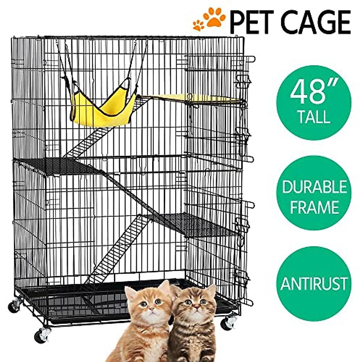 Yaheetech Collapsible Large 3-Tier Metal Wire Pet Cat Kitten Ferret Chinchilla Cage Playpen Crate Enclosure Kennel Cat Home on Wheels Indoor Outdoor 3X Ramp Ladders/1x Hammock