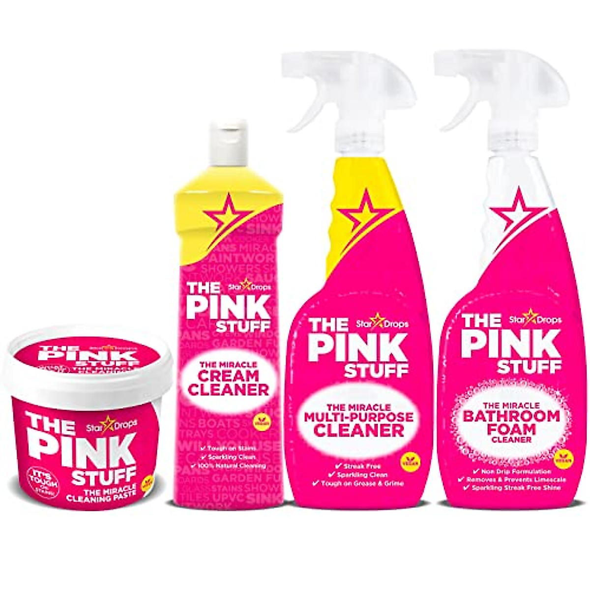 Stardrops - The Pink Stuff - Ultimate Bundle - The Miracle Cleaning Paste, Multi-Purpose Spray, Cream Cleaner, Bathroom Spray (1 Cleaning Paste, 1 Multi-Purpose Spray, 1 Cream Cleaner, 1 Bathroom Foam Cleaner)