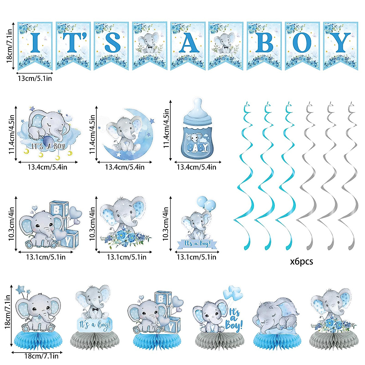 Vlipoeasn Elephant Baby Shower Decorations for Boy, Blue 42PCS Baby Shower Supplies, Mommy to Be Sash, It's a Boy Backdrop, Cake Topper, Cute Honeycomb, Hanging Swirl Flag, Baby Boy Shower Decor