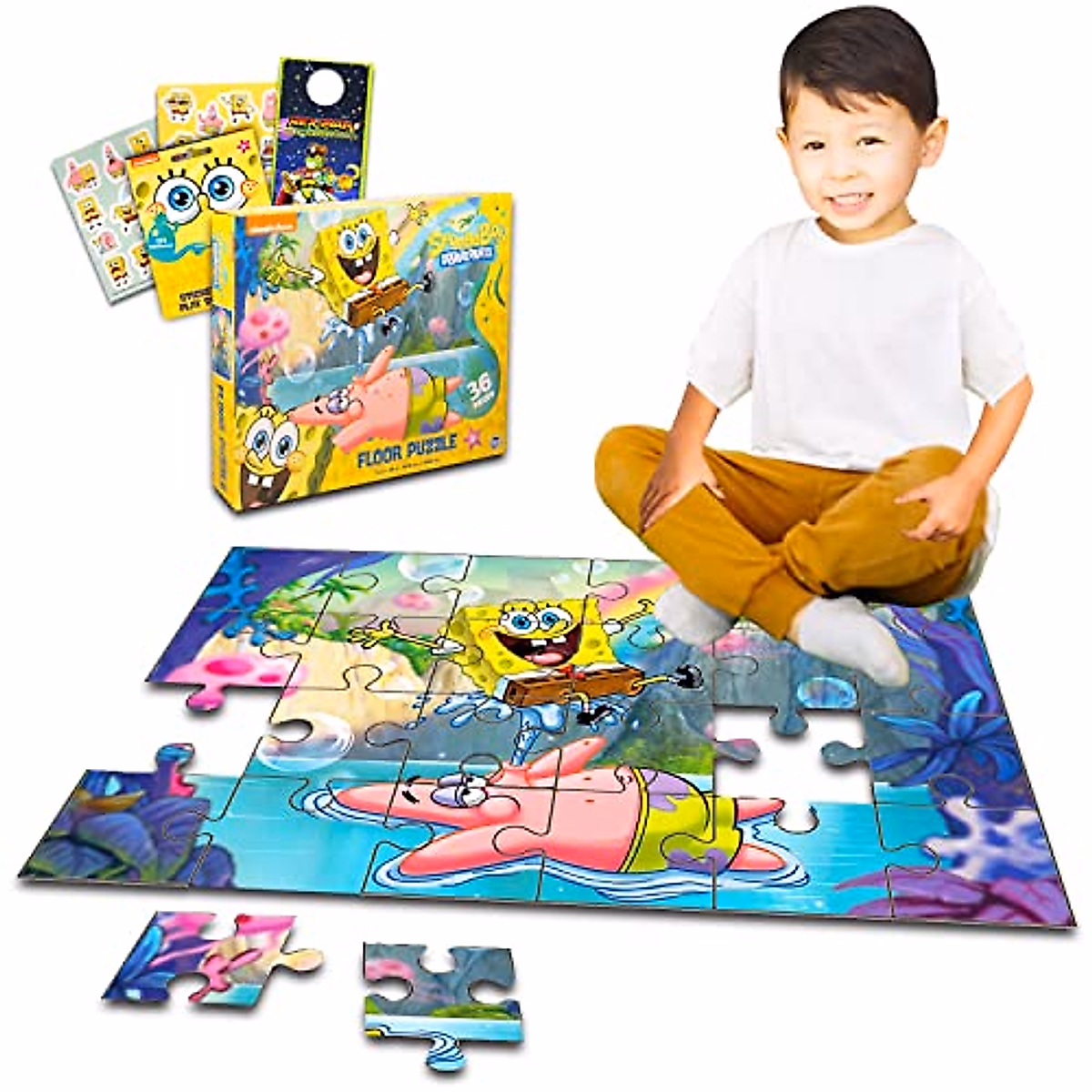 Spongebob Squarepants Floor Puzzle - Bundle with 36 Pc Spongebob Floor Puzzle, Stickers, More | Spongebob Toys for Kids 5-7