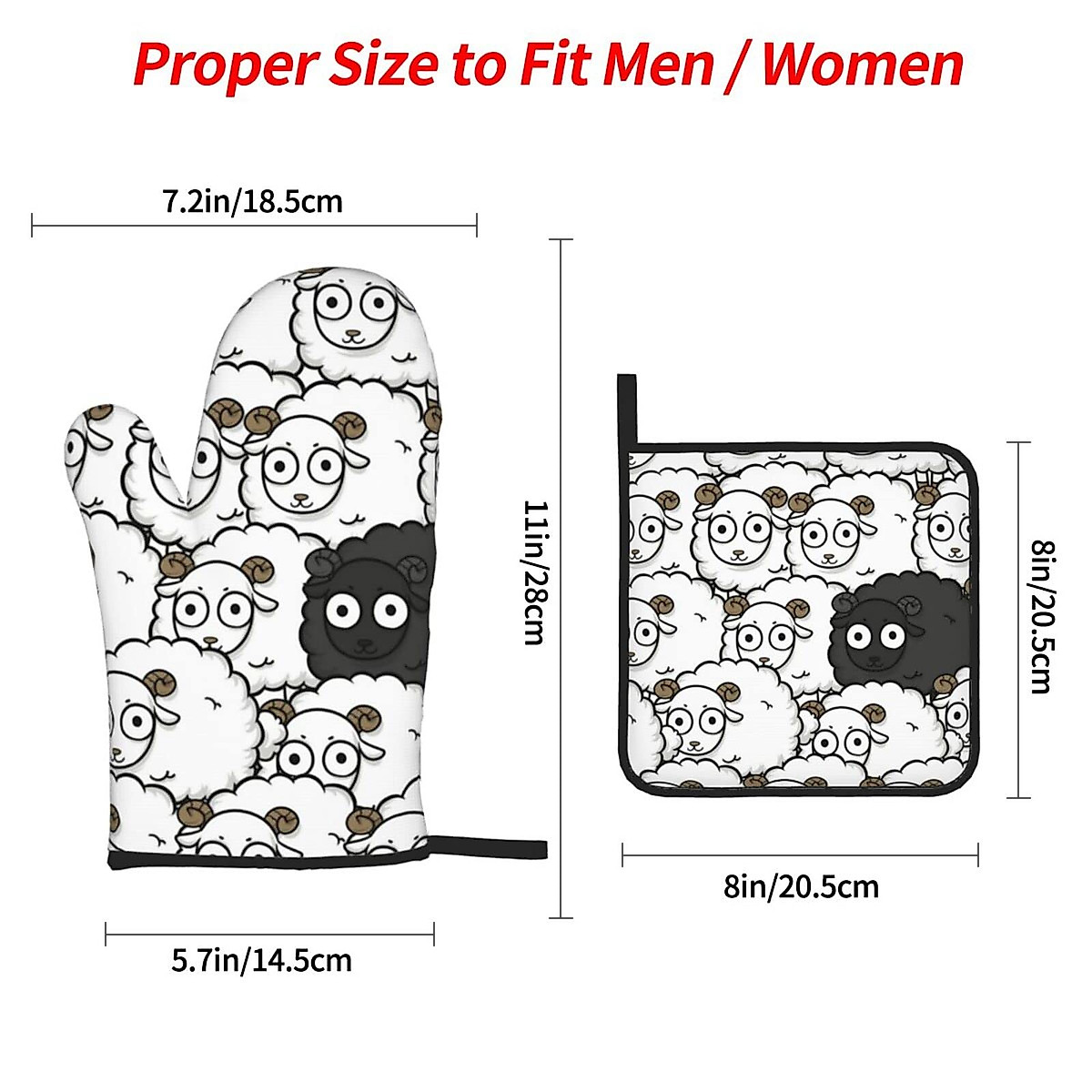 Cartoon Black White Sheep Printed Oven Mitt and Pot Holder Set, Washable Heat Resistant Oven Mitt for Kitchen Cooking Baking Grill