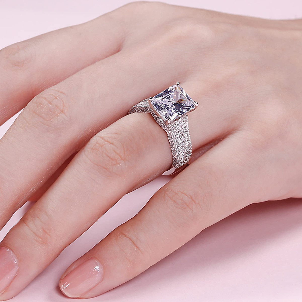 Jeulia Classic Radiant Cut Wedding Ring:Sterling Silver Halo Diamond Bridal Set Engagement Band Best Anniversary Promise Valentines Jewelry Gift with Box (White diamond, 6.5)